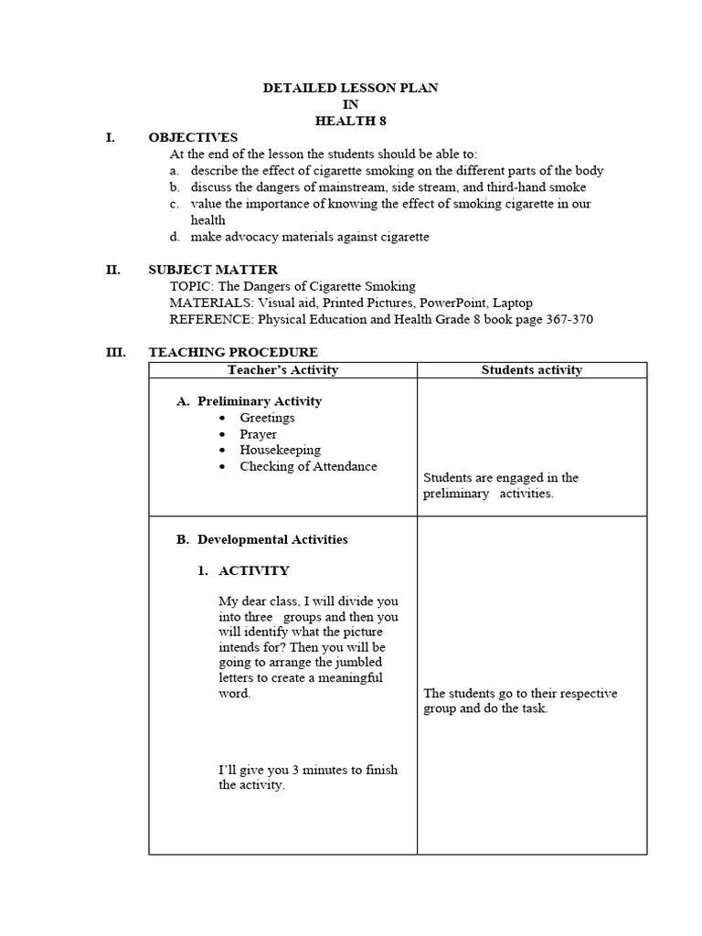 DETAILED LESSON PLAN Demo | PDF | Tobacco Smoking | Addiction