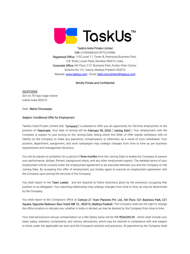 India Offer Letter 2024-02-07 | PDF | Salary | Employment