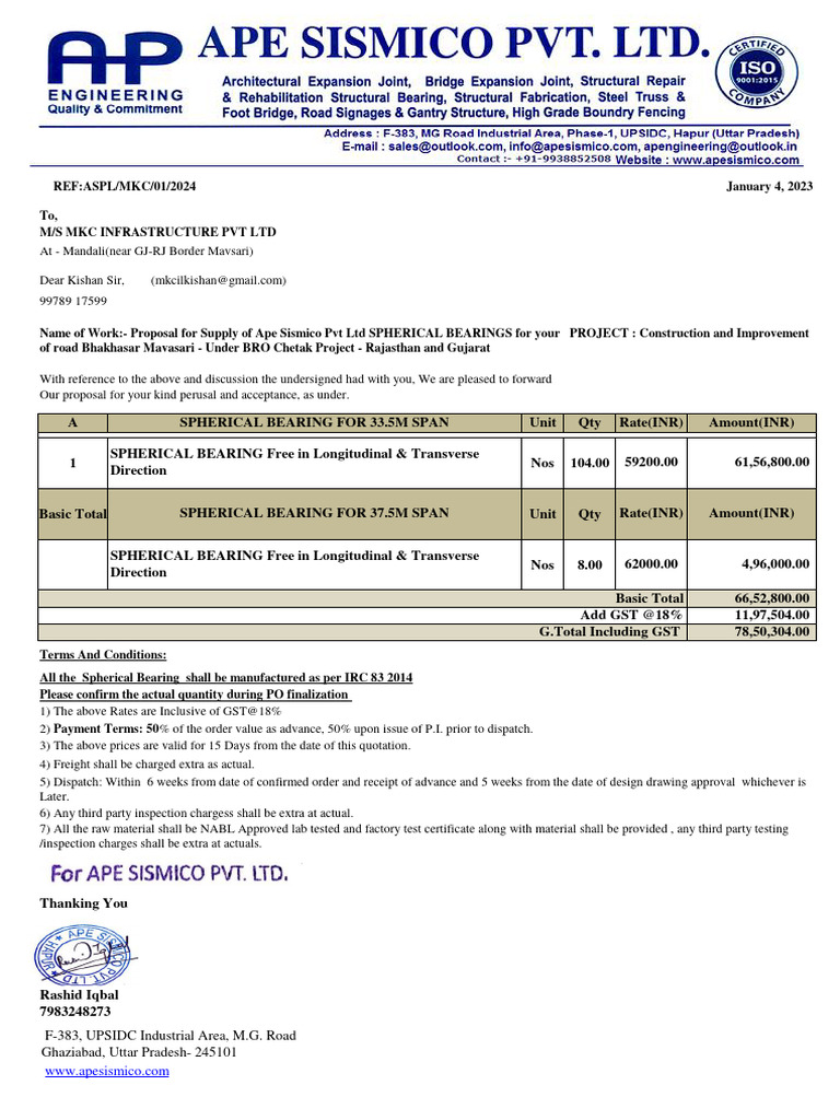 QUOTE - APE SISMICO Spherical Bearing - 04-01-2023 | PDF | Economies