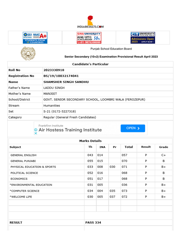 Punjab School Education Board Matriculation Exami | PDF | Educational Stages