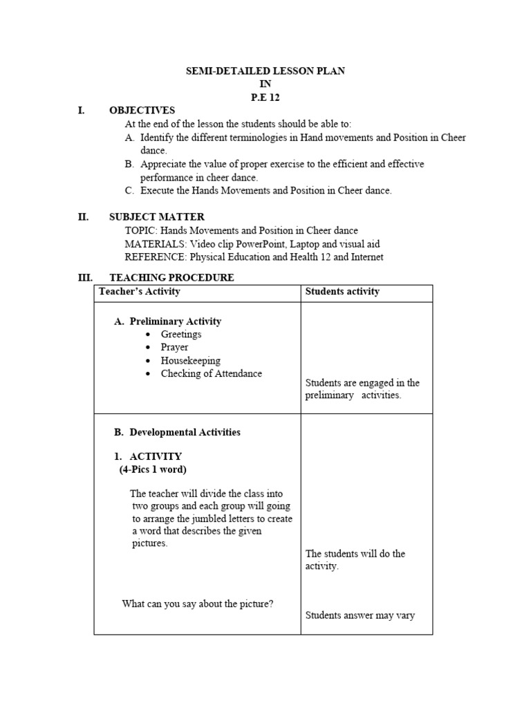 Cheer Dance Lesson Plan for Grade 12 | PDF | Cheerleading | Lesson Plan
