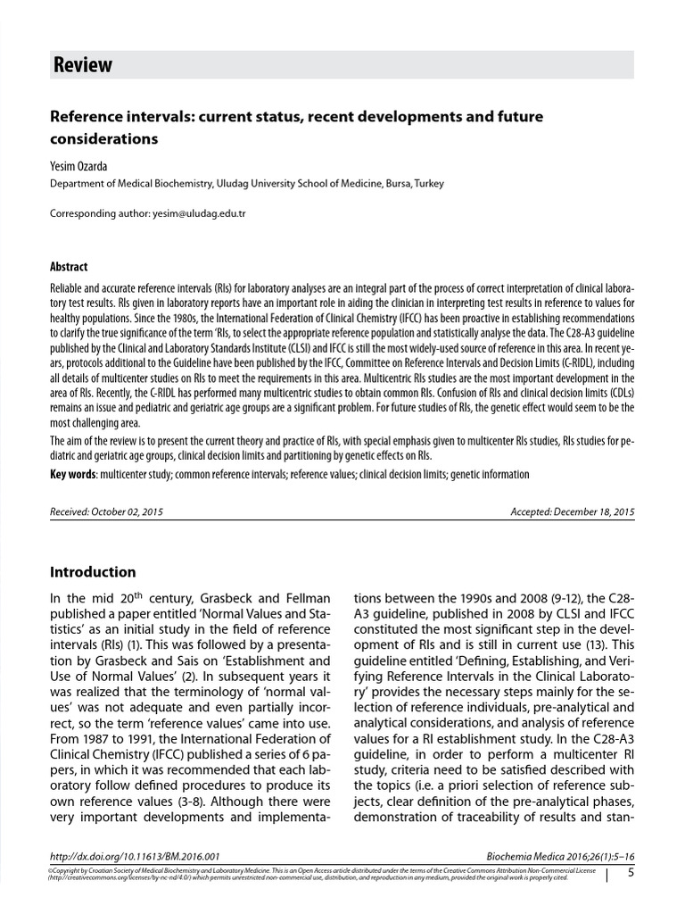 Reference Intervals Current Status, Recent Developments and Future Considerations (2016) | PDF ...