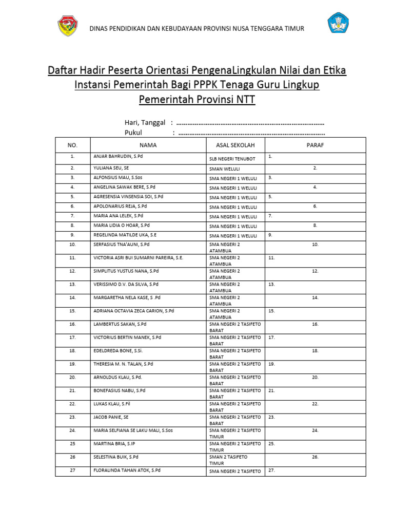 Daftar Hadir Orientasi PPPK Guru NTT | PDF