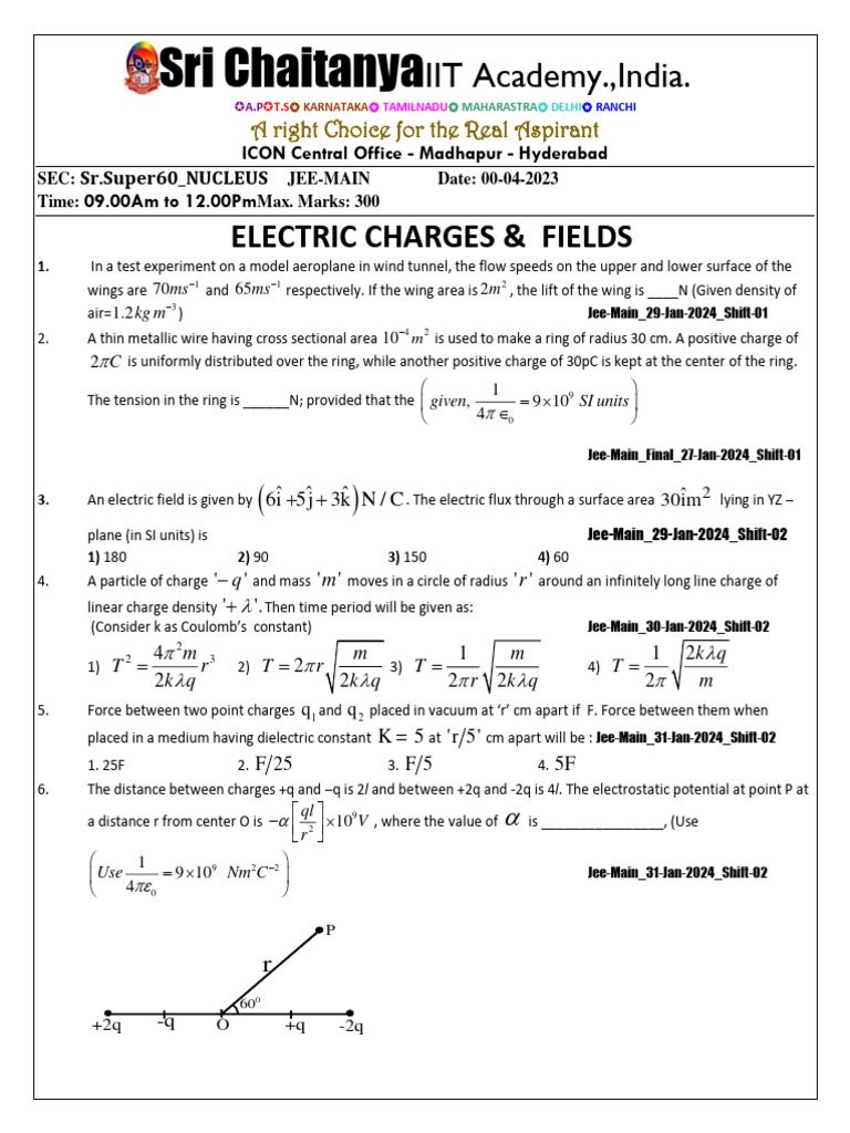 ELECTRIC CHARGES & FIELDS Mains 2024 | PDF | Electric Field | Physical Phenomena