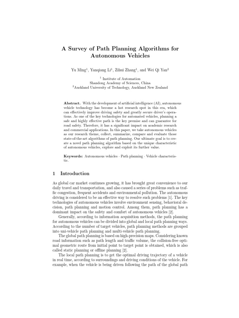 A Survey of Path Planning Algorithms For Autonomous Vehicles | PDF | Mathematical Optimization ...