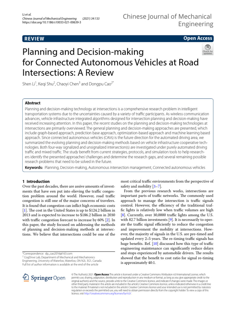 Planning and Decision-Making For Connected Autonomous Vehicles at Road Intersections: A Review ...
