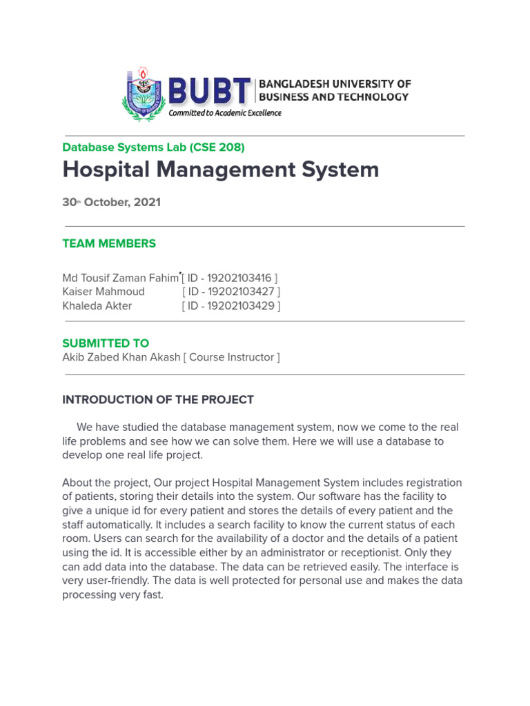 Hospital Management System Overview | PDF | Databases | Patient