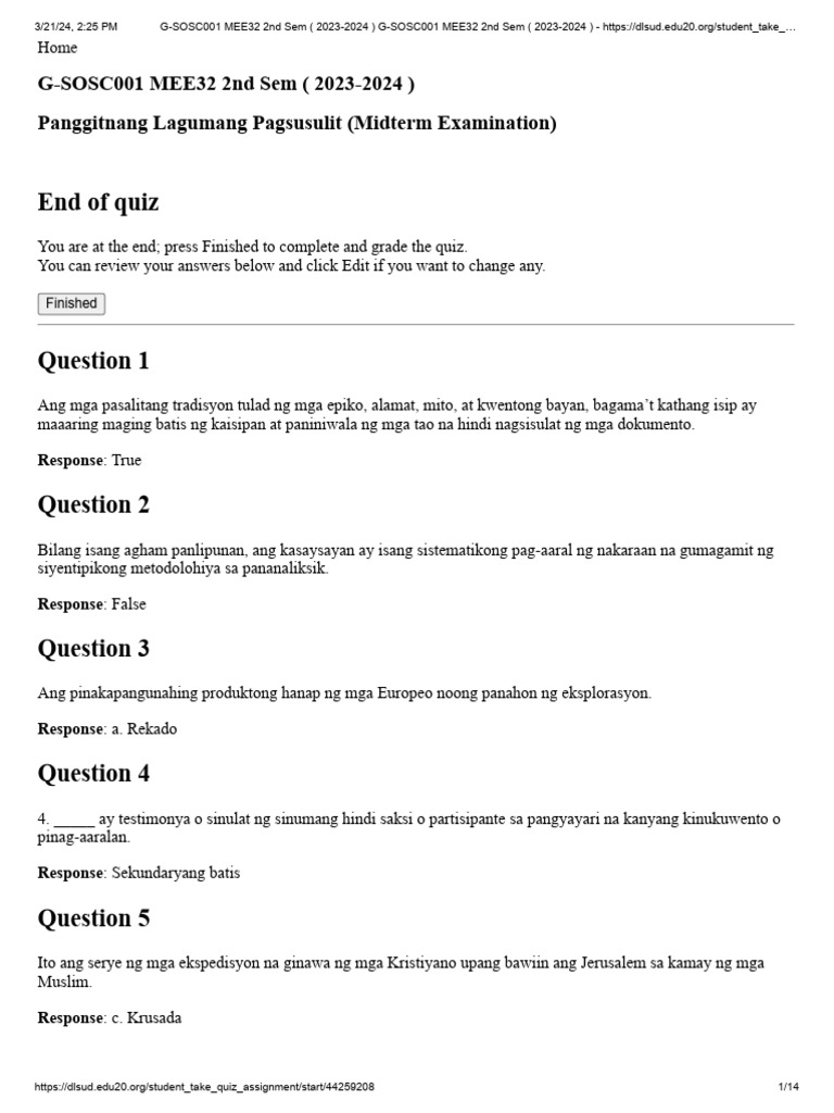End of Quiz: G-SOSC001 MEE32 2nd Sem (2023-2024) Panggitnang Lagumang Pagsusulit (Midterm ...