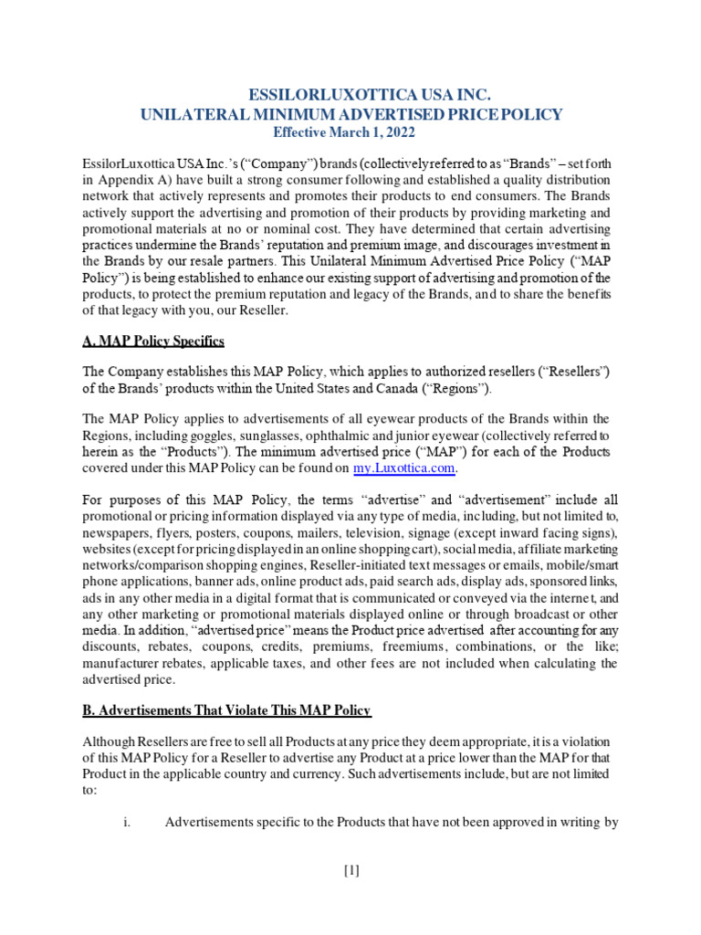 MAP Policy for Eyewear Resellers | PDF | Advertising | Rebate (Marketing)