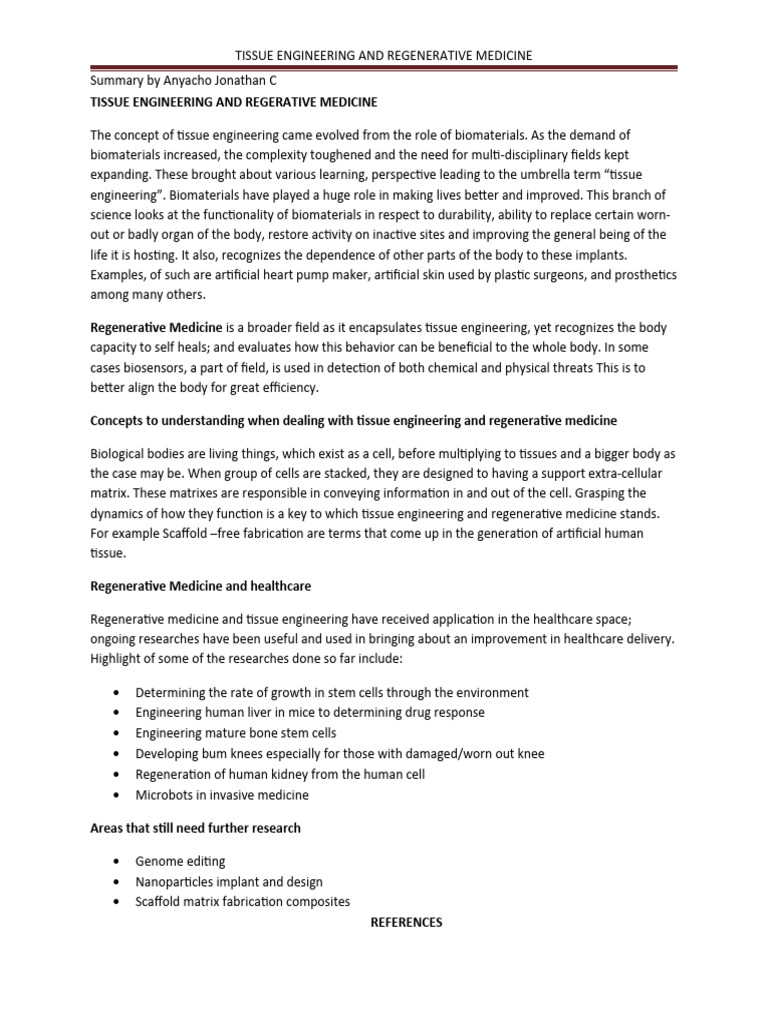 TISSUE ENGINEERING AND REGENERATIVE MEDICINE SUMMARY by Anyacho ...