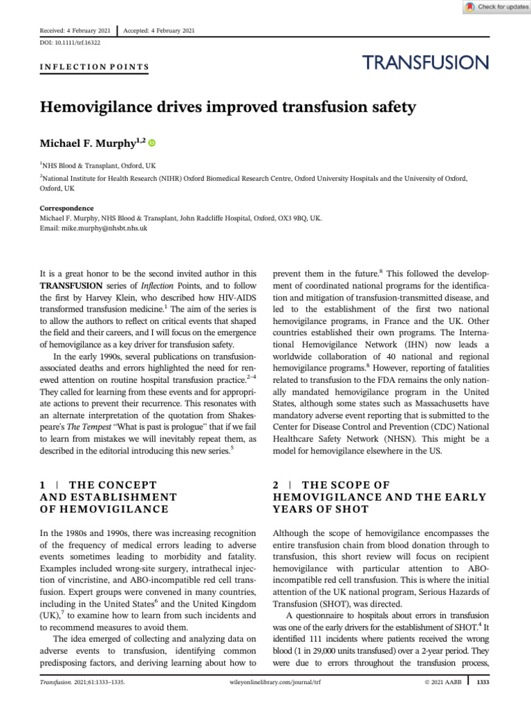 Transfusion - 2021 - Murphy - Hemovigilance Drives Improved Transfusion ...