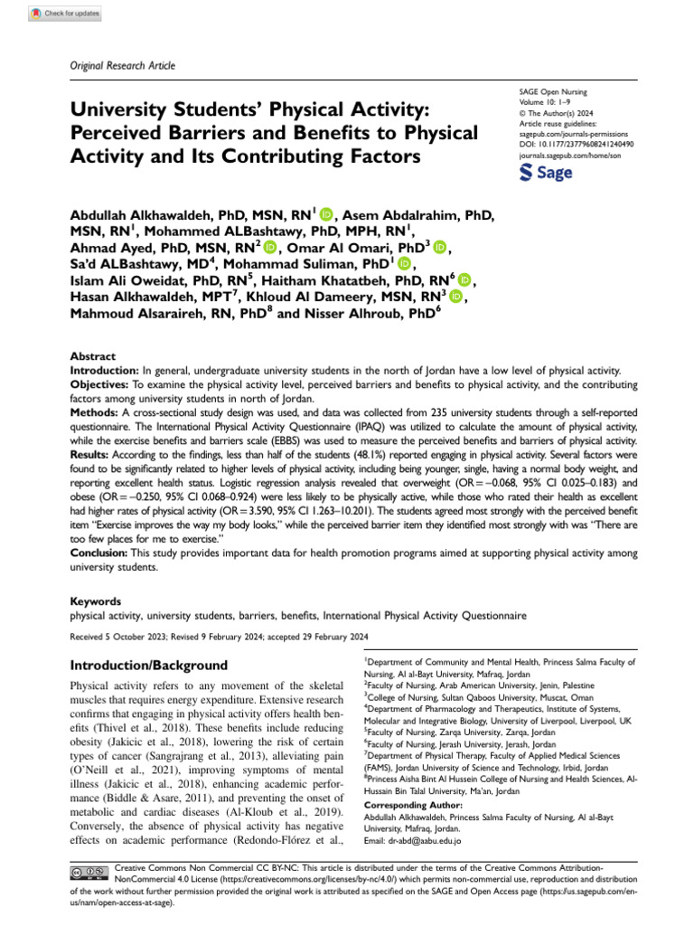Alkhawaldeh Et Al 2024 University Students Physical Activity Perceived Barriers and Benefits To ...