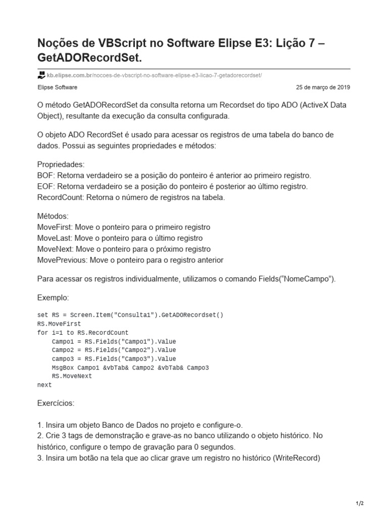 Noções de VBScript No Software Elipse E3 Lição 7 GetADORecordSet | PDF