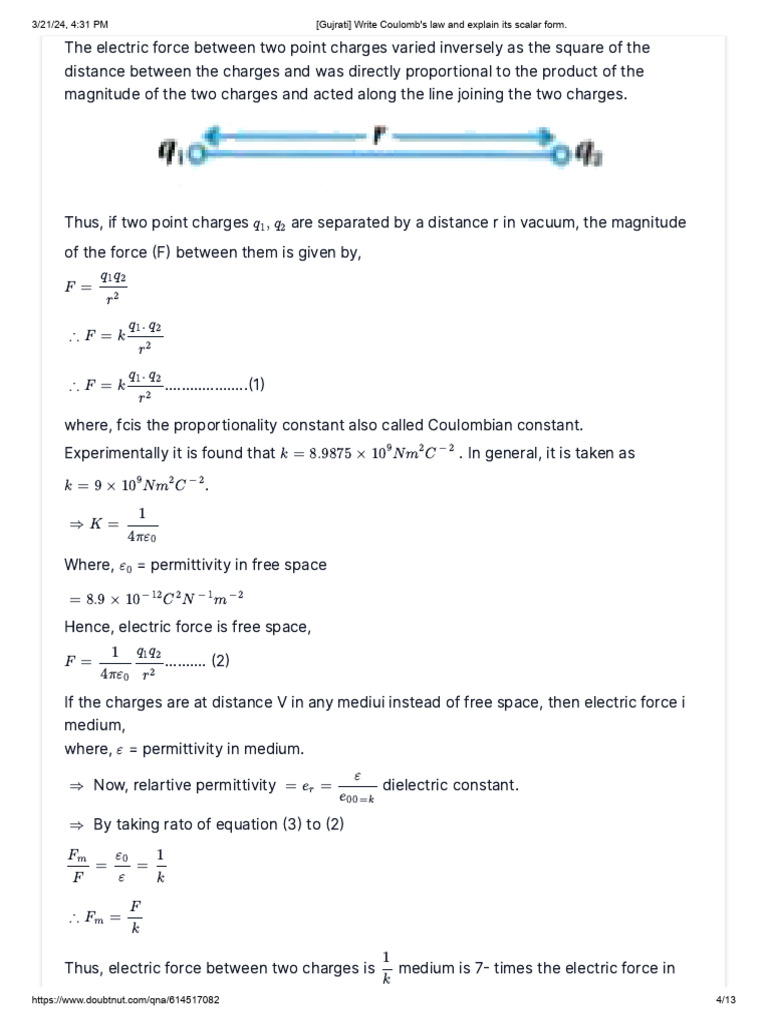 (Gujrati) Write Coulomb's Law and Explain Its Scalar Form | PDF ...