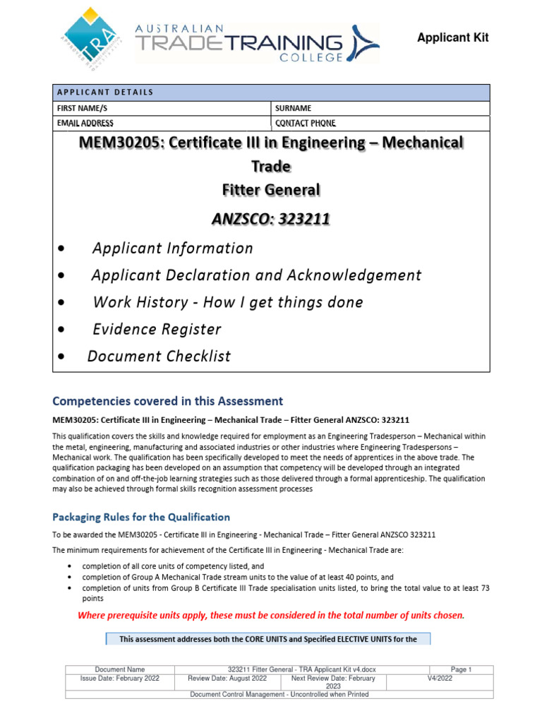 Fitter General - TRA Applicant Kit v4 | PDF | Computing | Occupational ...