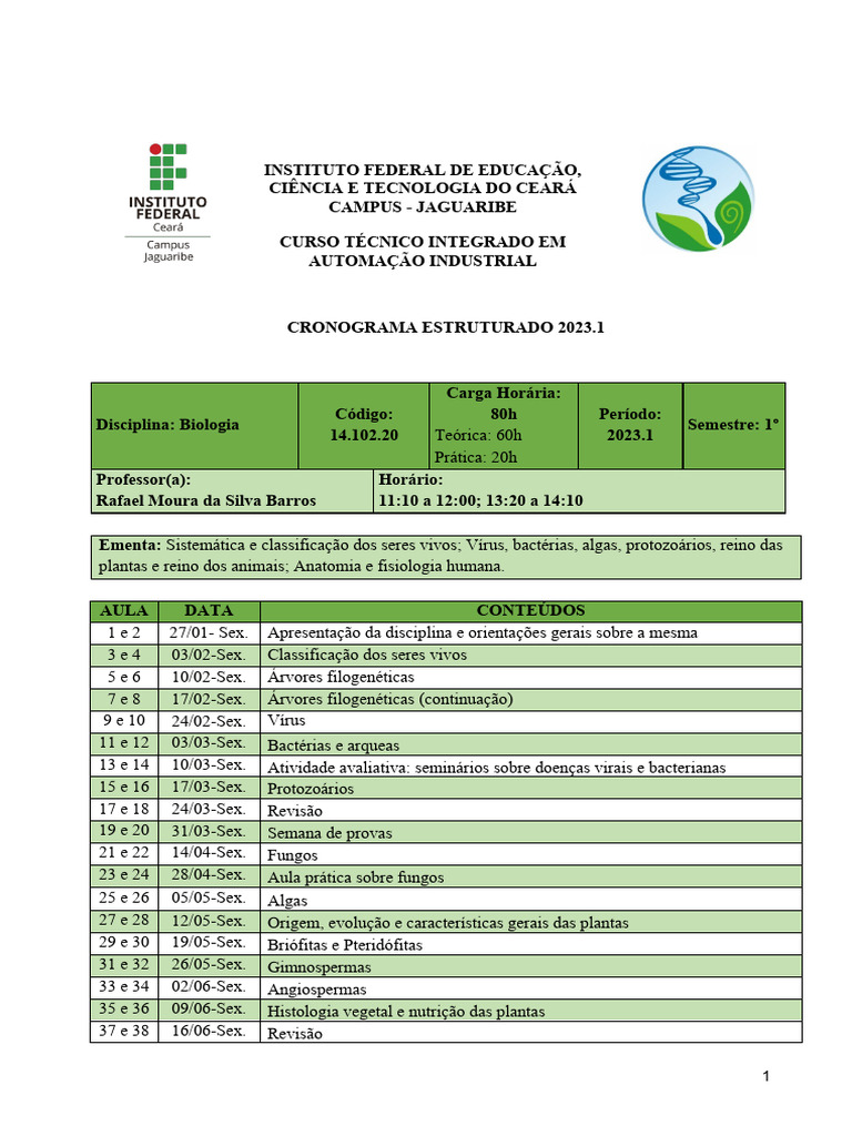 Cronograma Estruturado BIO AUT 2 | PDF | Plantas | Bactérias