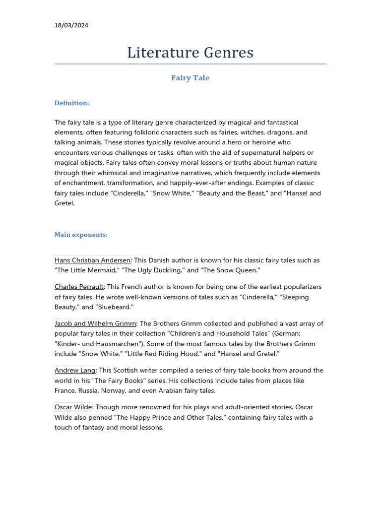 Literature Genres | PDF | Fairy Tales | Brothers Grimm