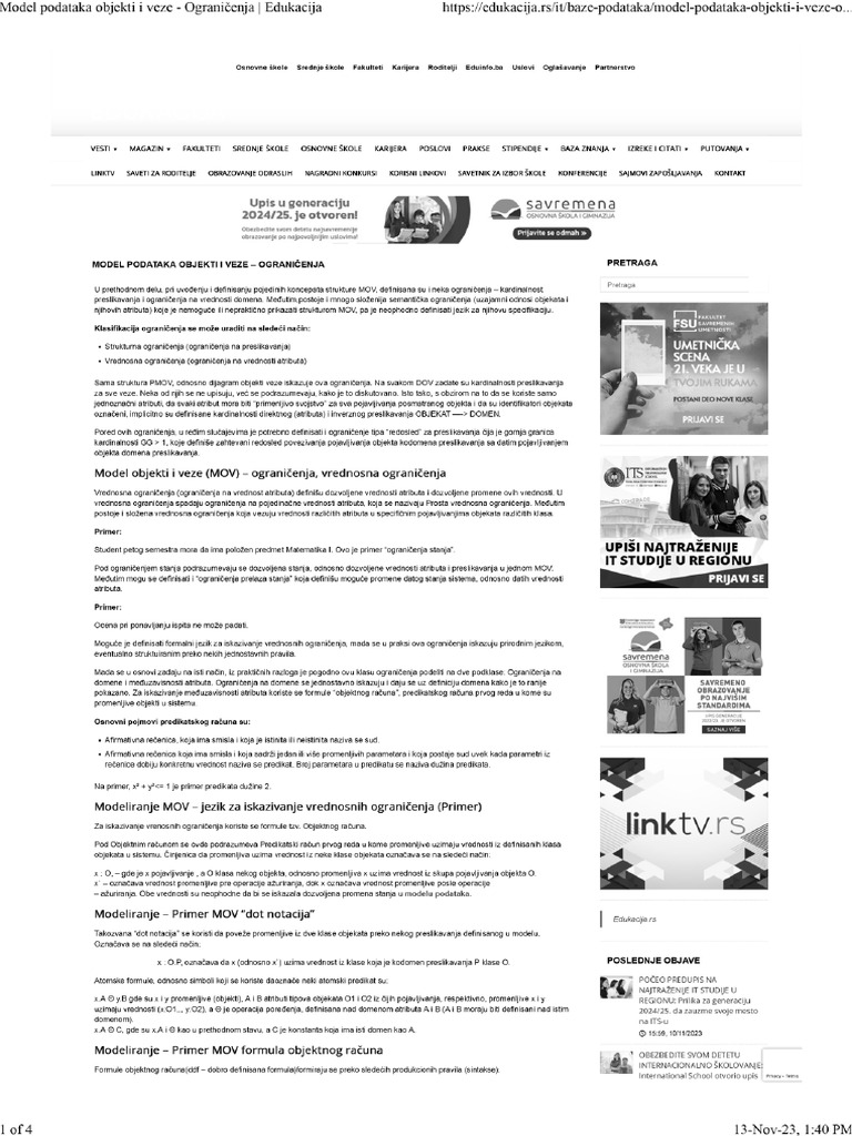 Model Podataka Objekti I Veze - Ograničenja - Edukacija-3 | PDF