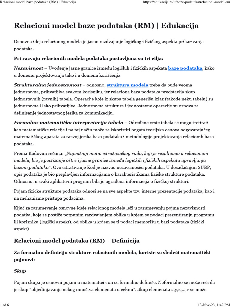 4-Relacioni Model Baze Podataka (RM) - Edukacija | PDF