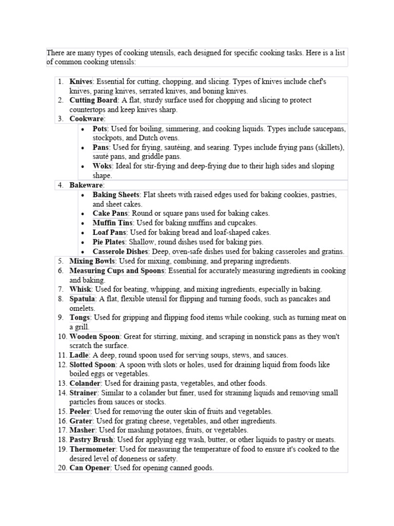 types of cooking utensils | PDF | Cookware And Bakeware | Kitchen Utensil