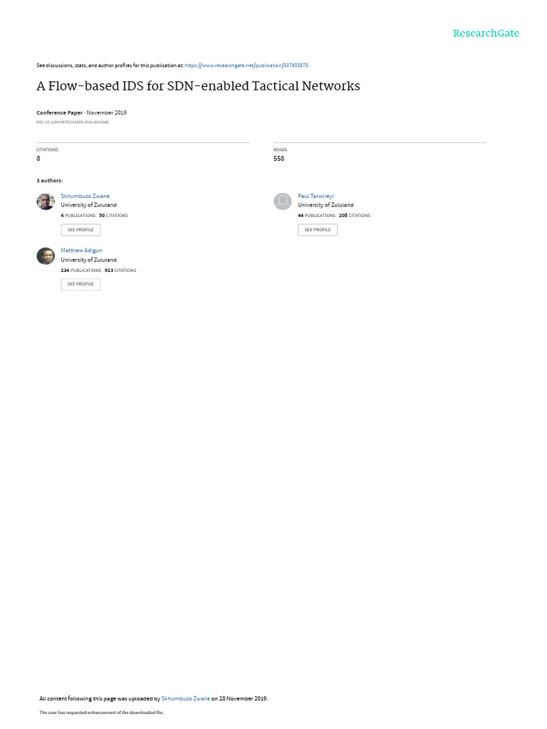 A Flow Based Ids For Sdn Enabled Tactical Pdf Computer Network Machine Learning