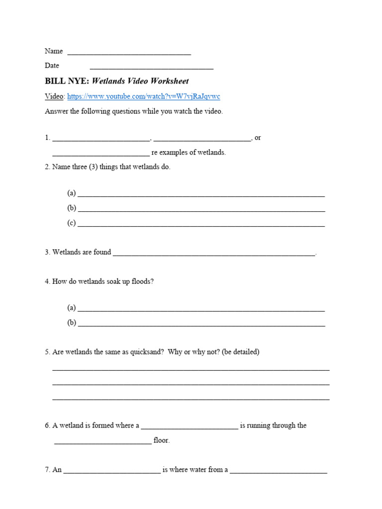 Bill Nye Wetlands Video Worksheet | PDF | Wetland | Earth Sciences