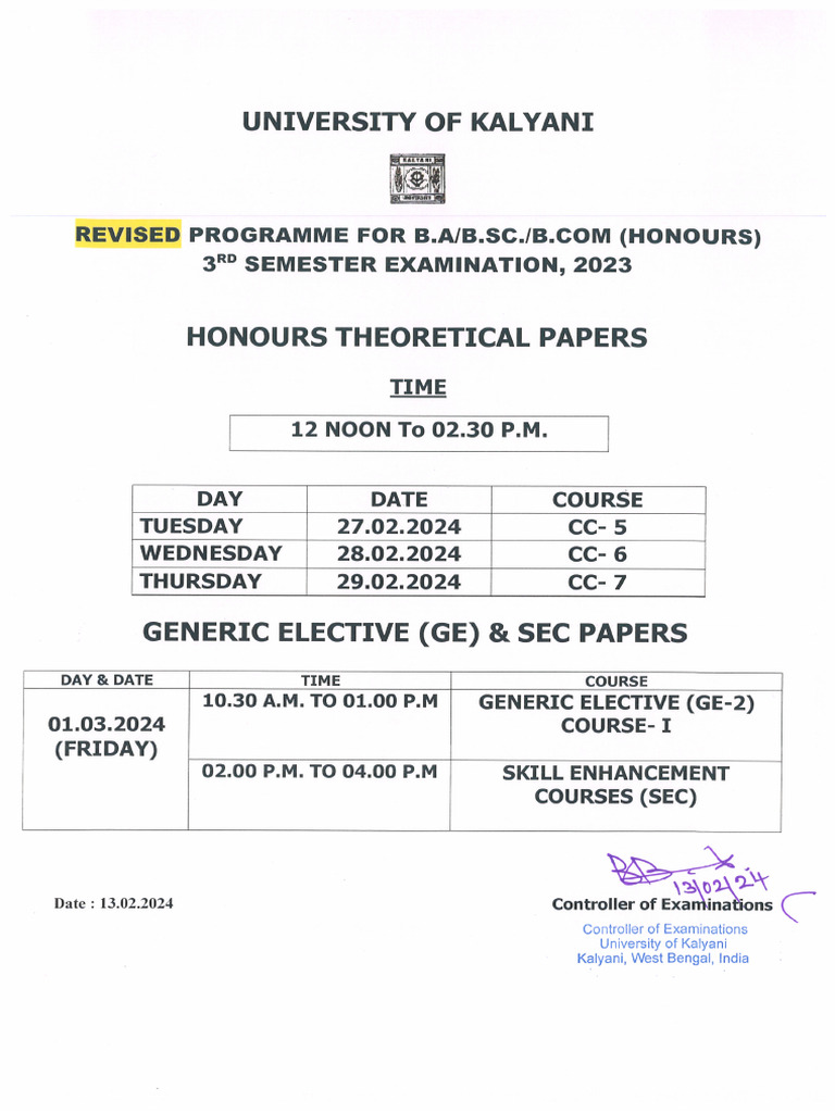 Revised u.g. 3rd Semester Programme,2023 | PDF