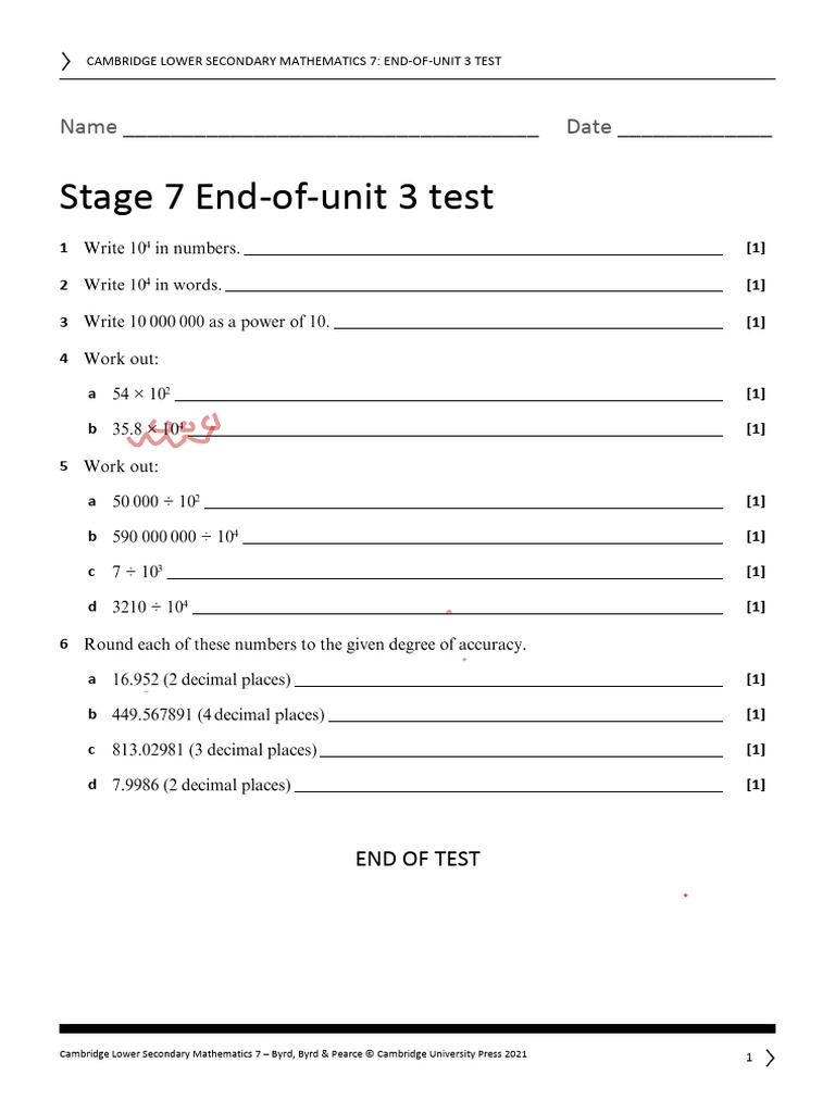 End-of-Unit 3 Maths Test for Year 7 | PDF