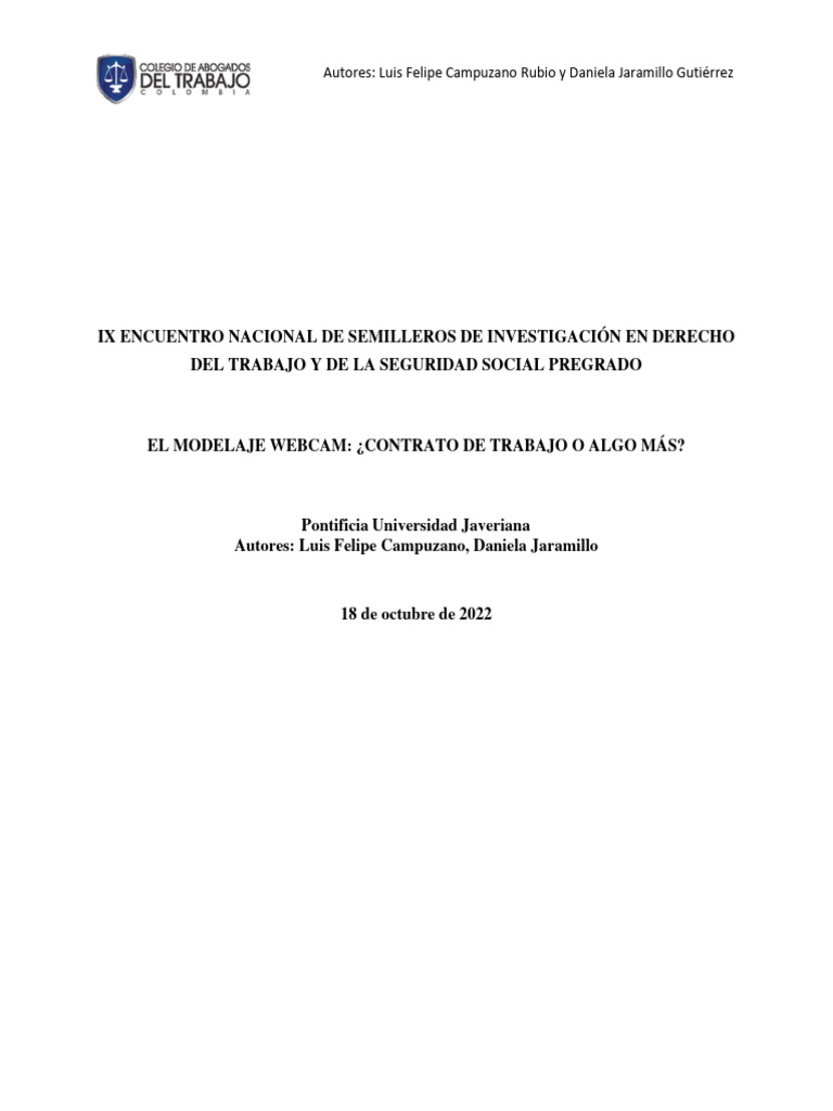 El Modelaje Webcam Contrato De Trabajo O Algo Más Pdf Derecho