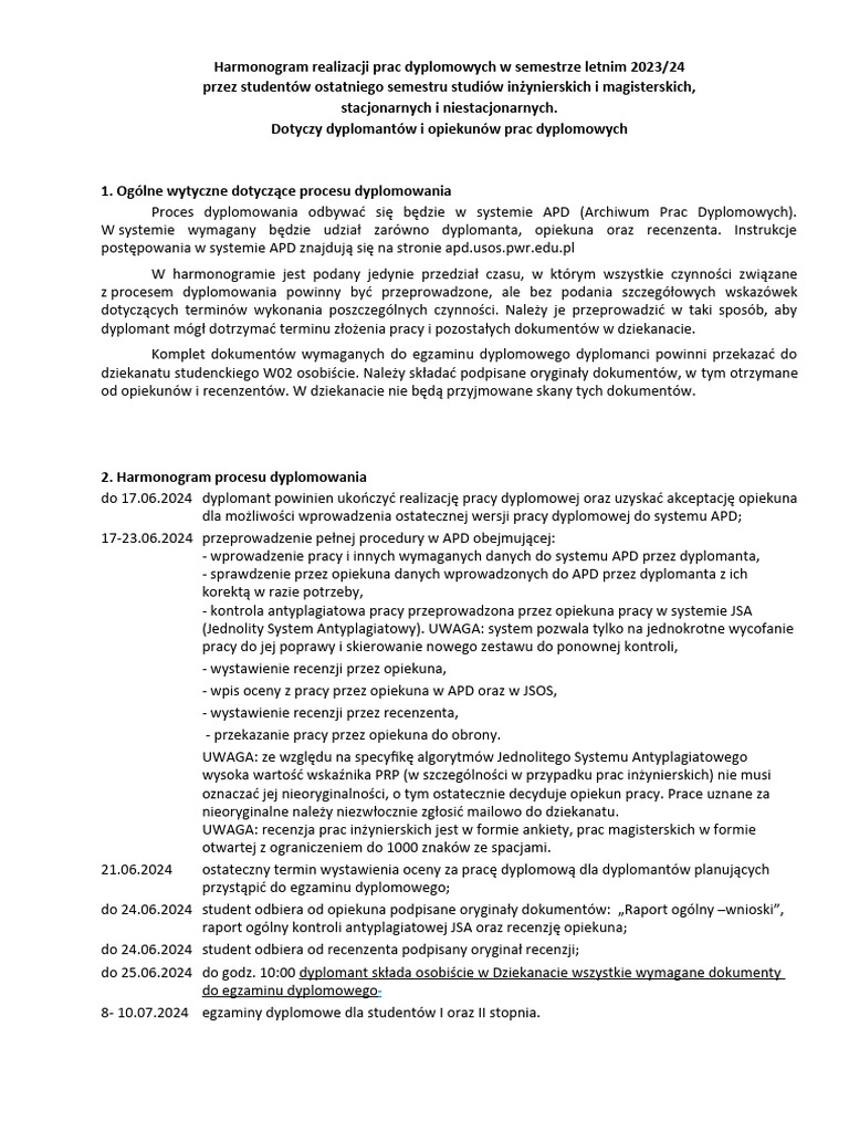 Harmonogram Realizacji Prac Dyplomowych W Semestrze Letnim 2023-24 26-02-2024 | PDF