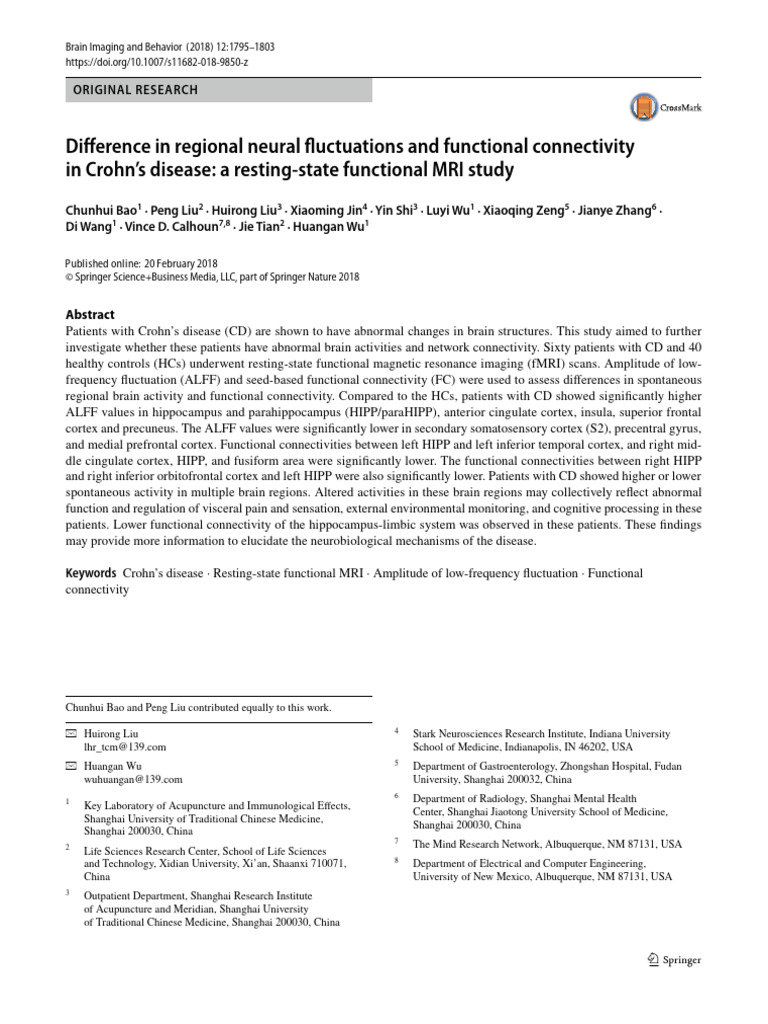 Difference in Regional Neural Fluctuations and Functional Connectivity in Crohn's Disease: A ...