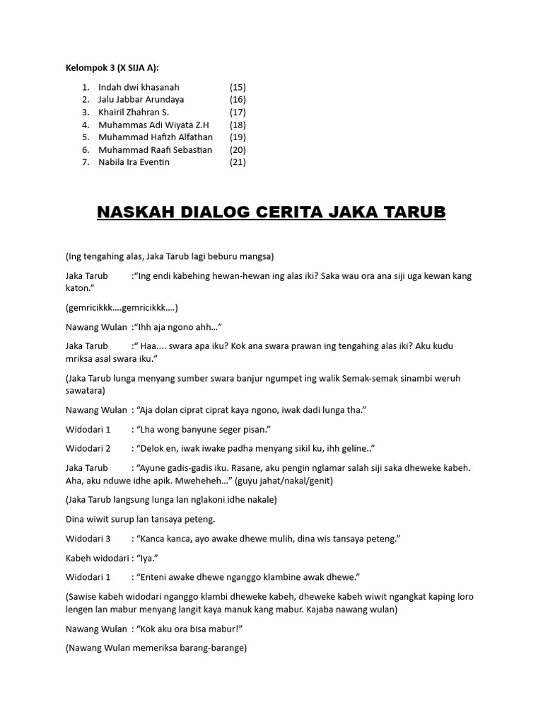 NASKAH DIALOG CERITA JAKA TARUB | PDF