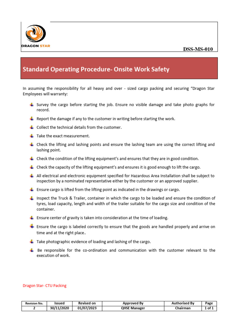 Onsite Work Safety SOP for Cargo Handling | PDF