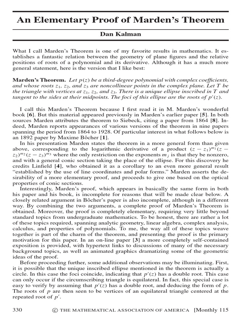 Dan Kalman - An Elementary Proof of Marden's Theorem | PDF | Triangle ...