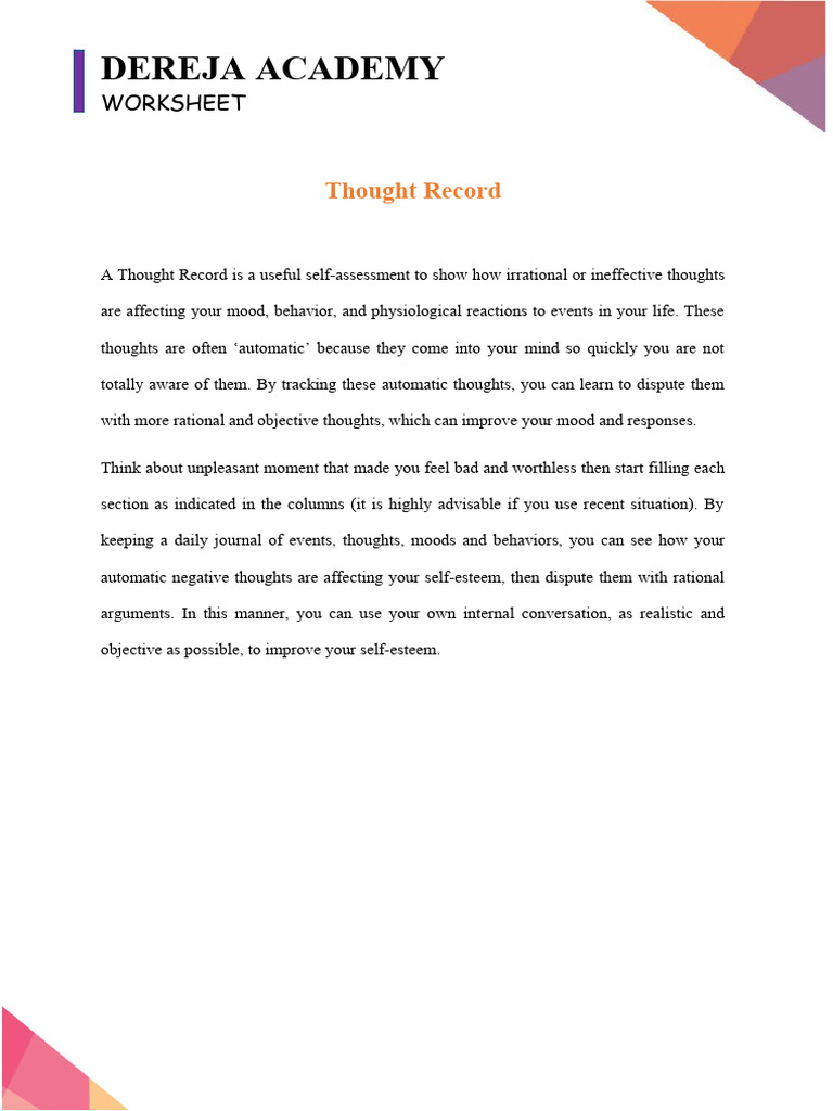 Activity 2 - DA-thought Record Worksheet | Download Free PDF | Thought ...