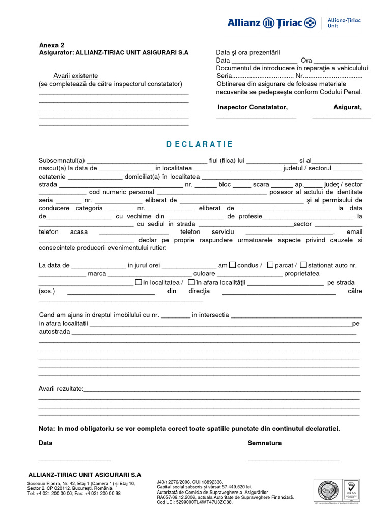 Declaratie - Dauna - Allianz Tiriac Unit - Ro | PDF