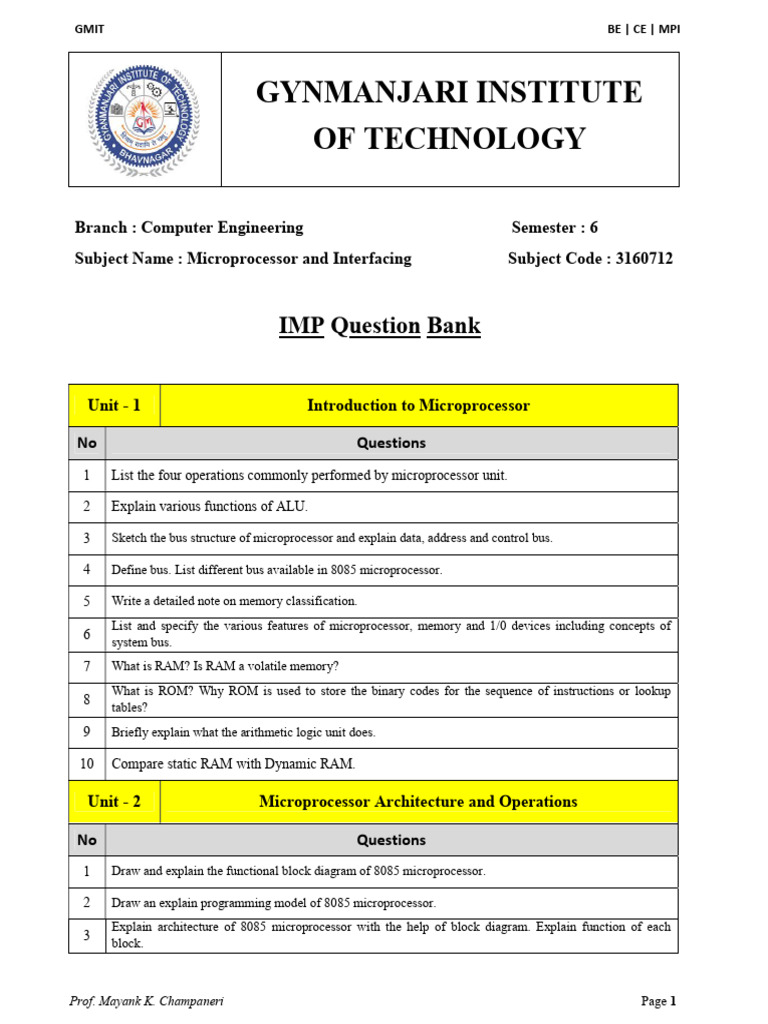 Gynmanjari Institute of Technology: IMP Question Bank | PDF | Central ...