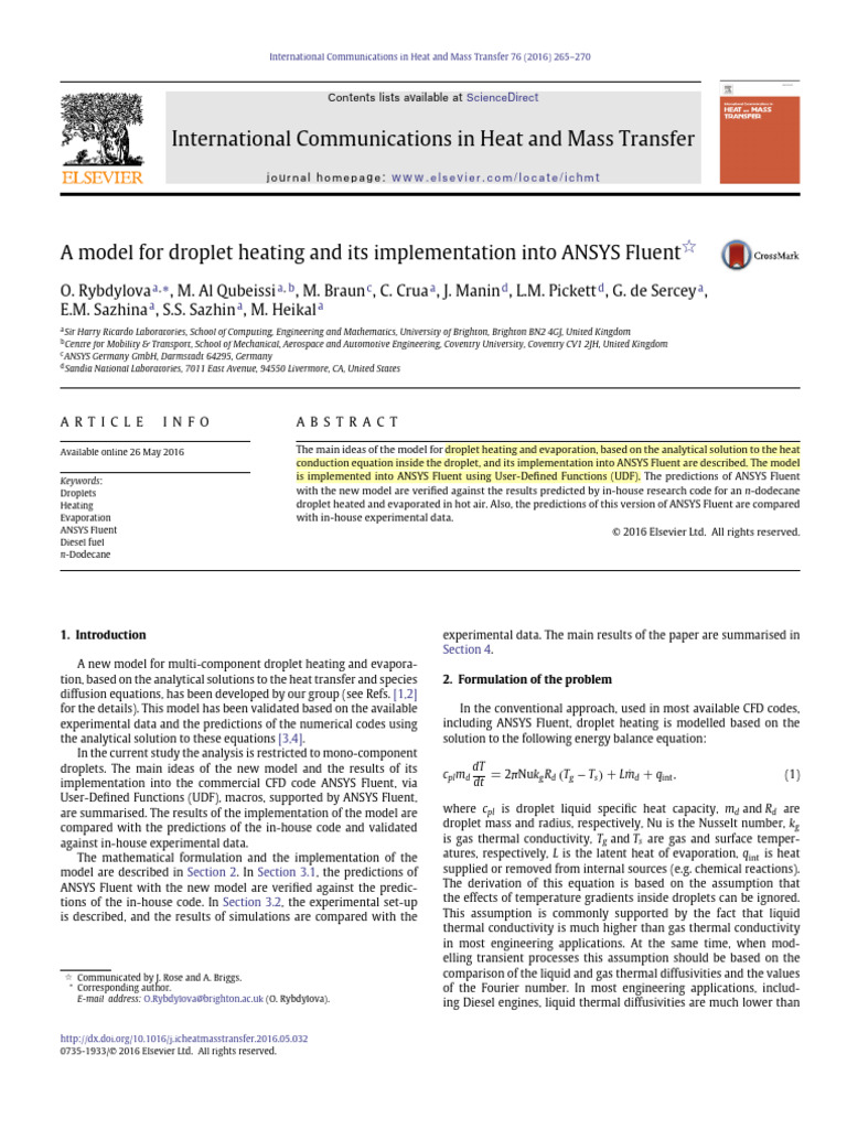 2016 A Model For Droplet Heating And Its Implementation Into Ansys Fluent Pdf Heat Transfer