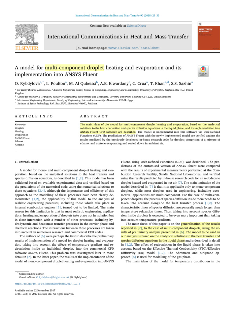 2018 A Model For Multi Component Droplet Heating And Evaporation And Its Implementation Into