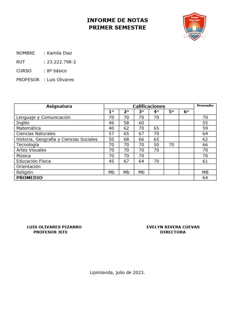 INFORME DE NOTAS Kamila Díaz | PDF