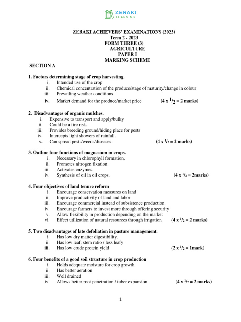 KCSE Agriculture Paper 1 Marking Scheme | PDF | Agriculture | Soil