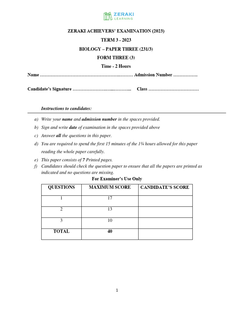 Biology - Paper 3 - Question Paper | PDF | Teaching Methods & Materials