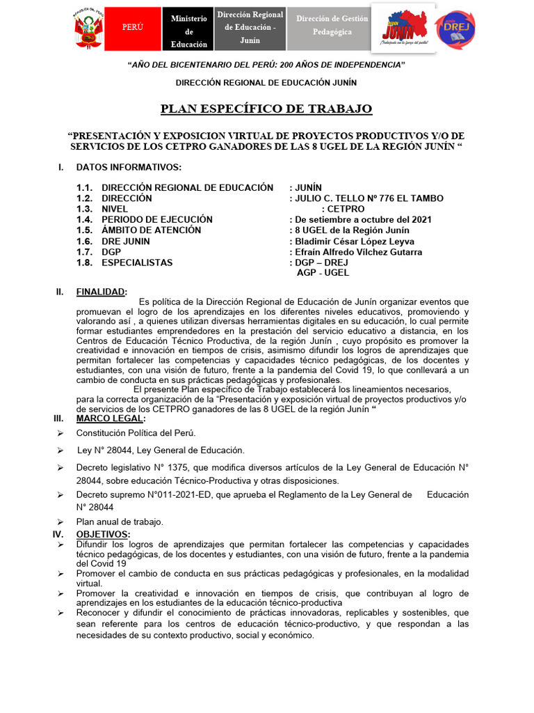 Plan Especifico de Trabajo Presentación y Exposicion Proyectos Cetpro 2021 Final | PDF | Perú