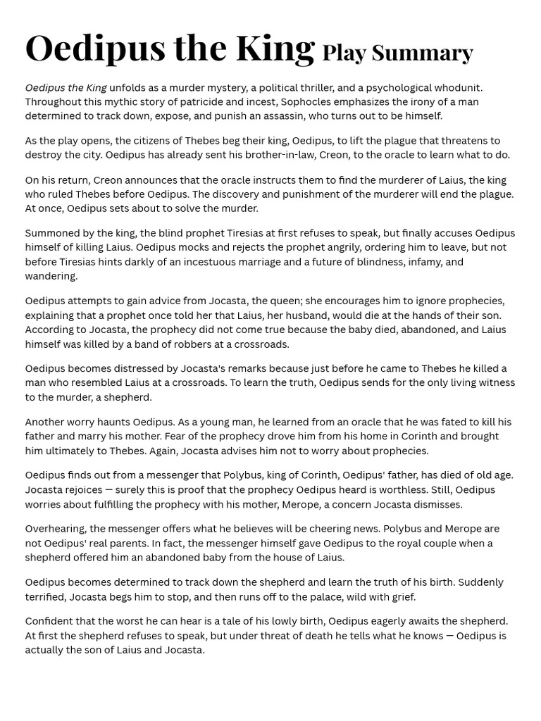 Oedipus The King Summary | PDF | Ancient Thebes (Boeotia) | Boeotian ...