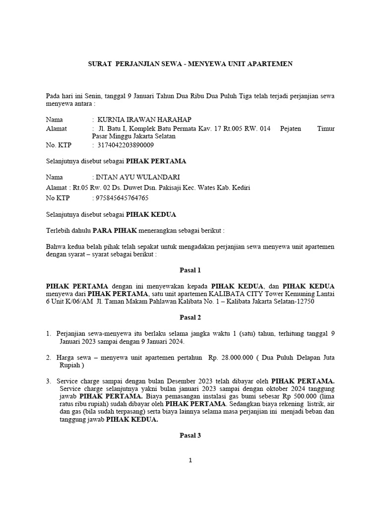 Surat Perjanjian Sewa Apartemen Intan Pdf