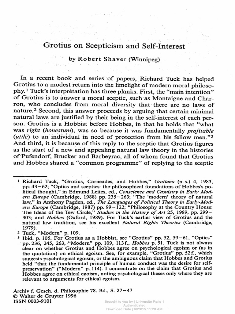 Grotius On Secpticism and Sef-Interest - ROBERT SHAVER | PDF | Natural ...