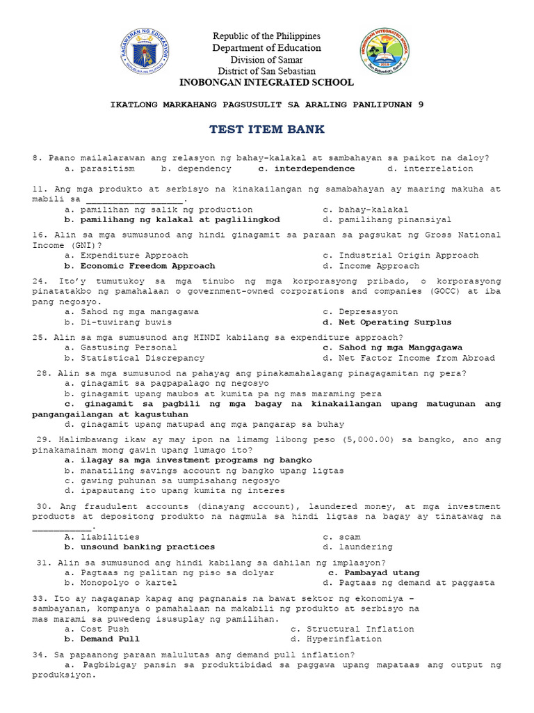 SY 2023-2024 AP9 - Q3 - Test Item Bank | PDF