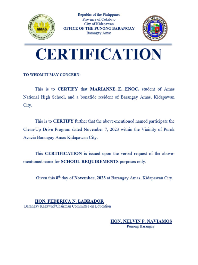 Barangay Certification Clean Up Drive | PDF