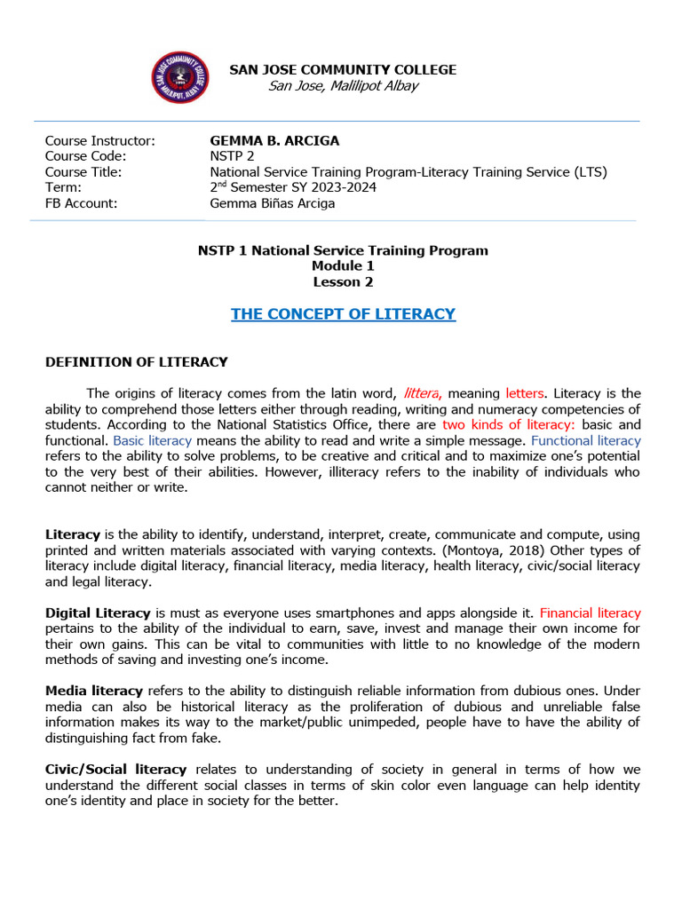 Module 1 Lesson 2 For Stud The Concept of Literacy | PDF | Literacy ...