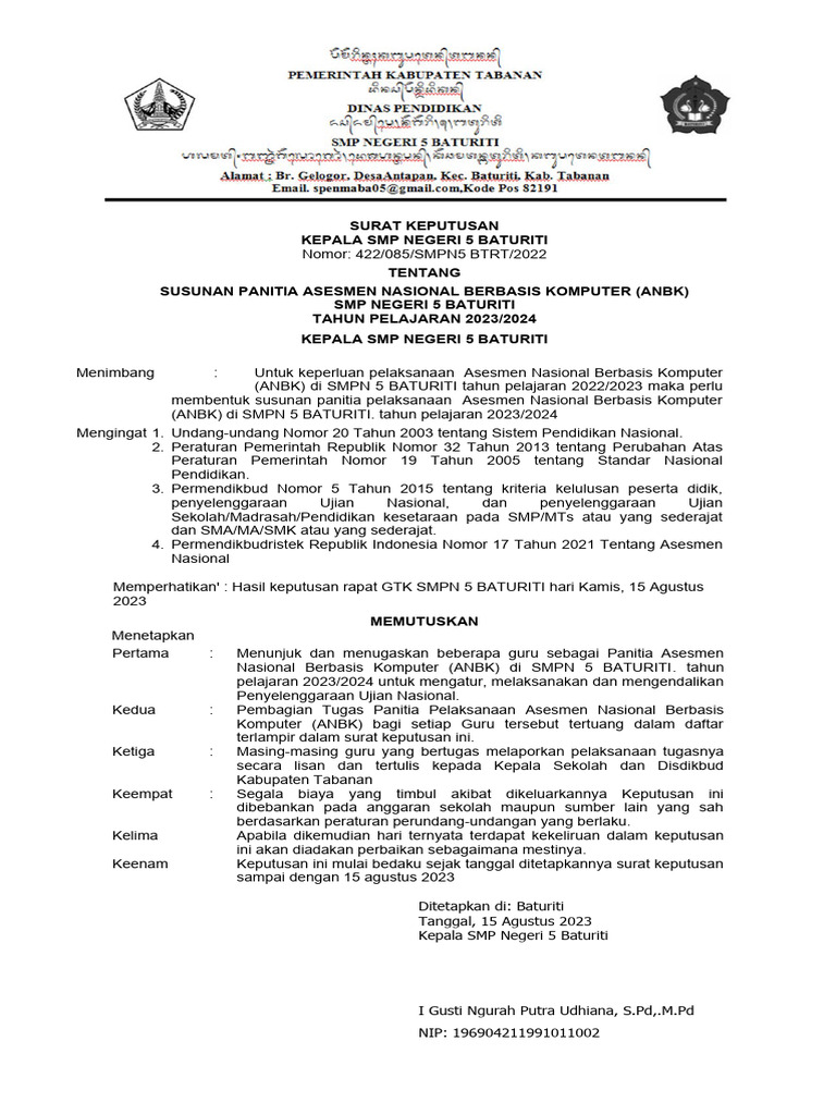 Panitia ANBK SMPN 5 Baturiti 2023/2024 | PDF